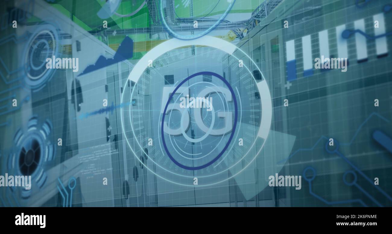 Image of 5g text over round scanner and data processing against computer server room Stock Photo ...