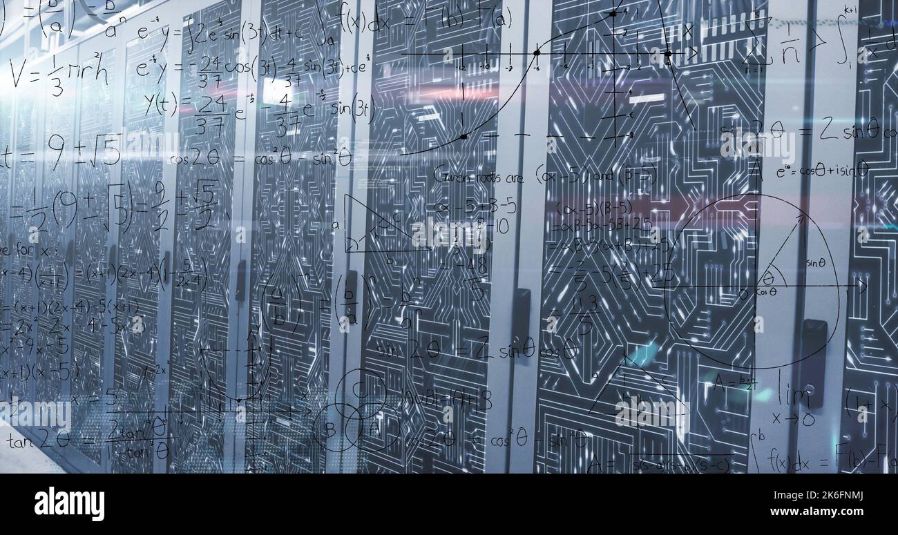 Image of mathematical equations and data processing against computer server room Stock Photo - Alamy
