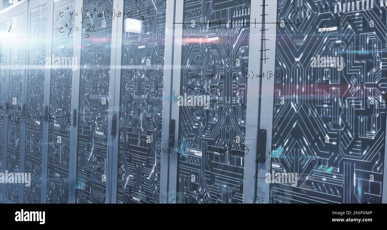 Image of mathematical equations and data processing against computer ...