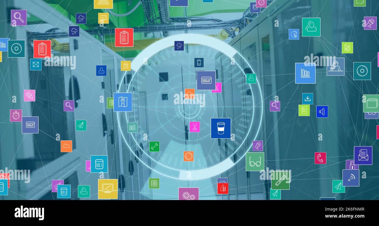 Image of scope scanning with 5g text and network of connections with icons over server room ...