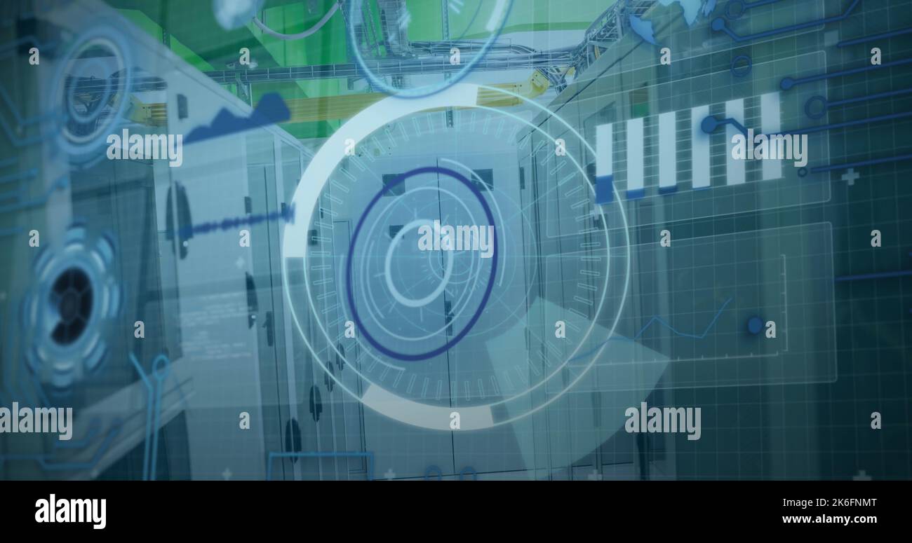 Image of 5g text over round scanner and data processing against computer server room Stock Photo ...