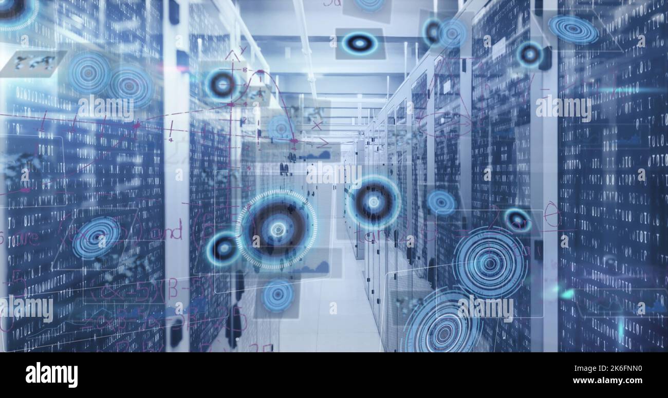 Image of mathematical equations and data processing against computer ...