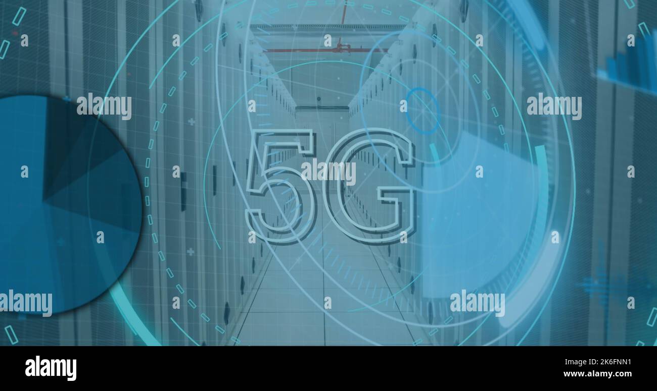 Image of 5g text over round scanner and data processing against computer server room Stock Photo ...