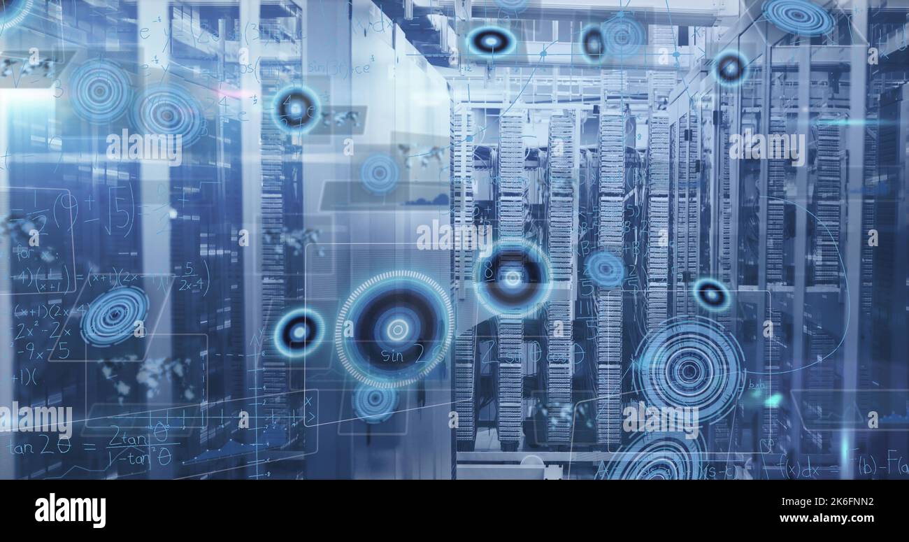 Image of mathematical equations and data processing against computer ...