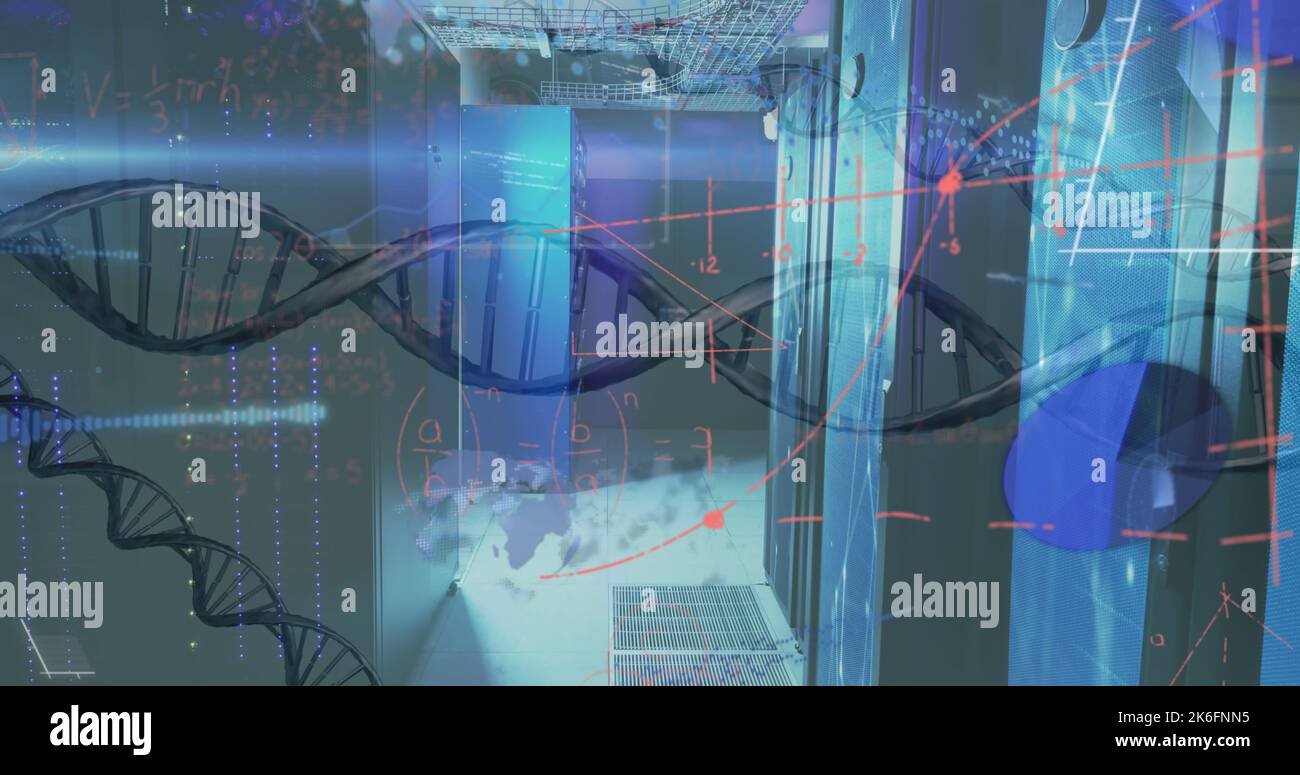 Image of dna strand and data processing over server room Stock Photo ...