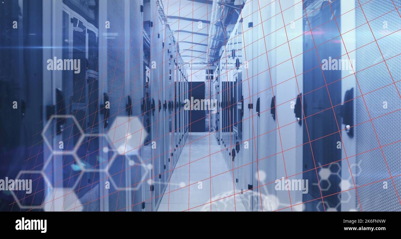 Image of mathematical equations and data processing over server room ...
