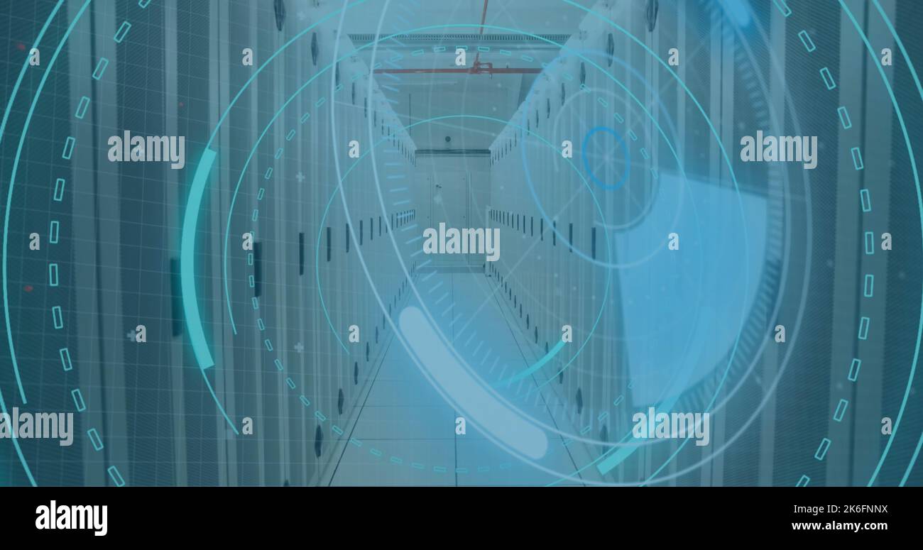 Image of 5g text over round scanner and data processing against computer server room Stock Photo ...