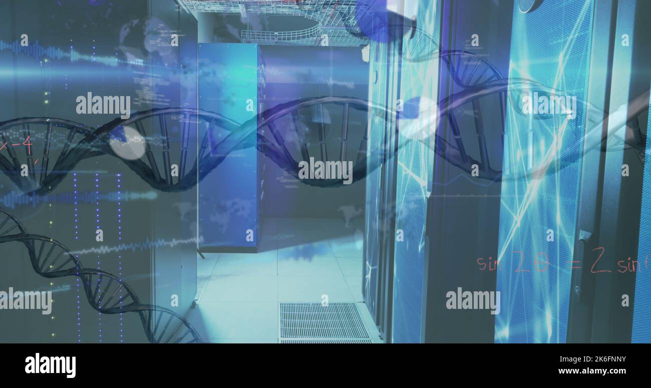 Image of dna strand and data processing over server room Stock Photo ...