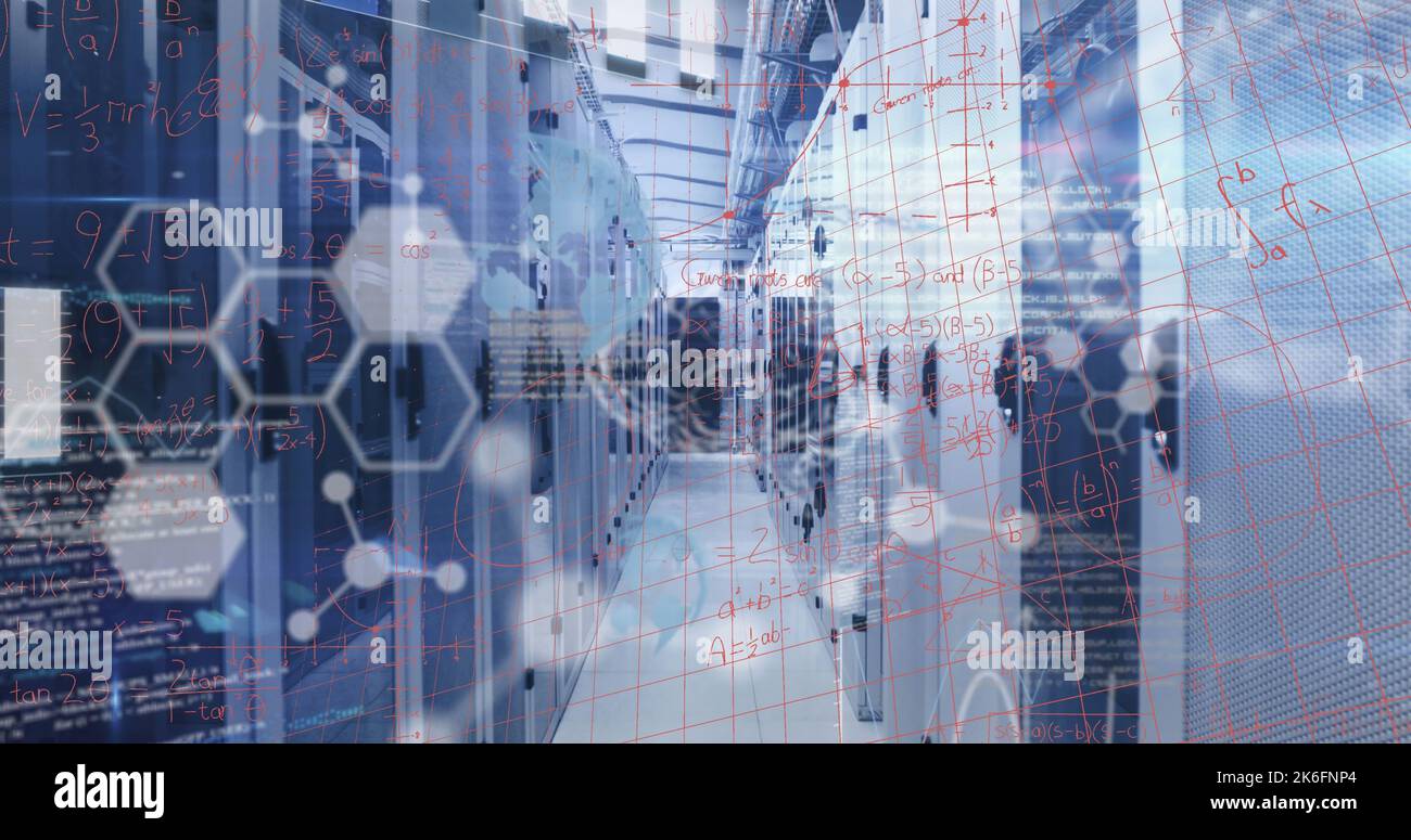 Image of mathematical equations and data processing over server room ...