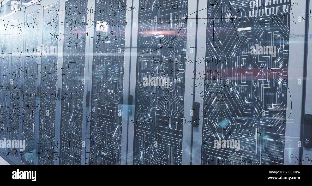 Image of mathematical equations and data processing against computer ...