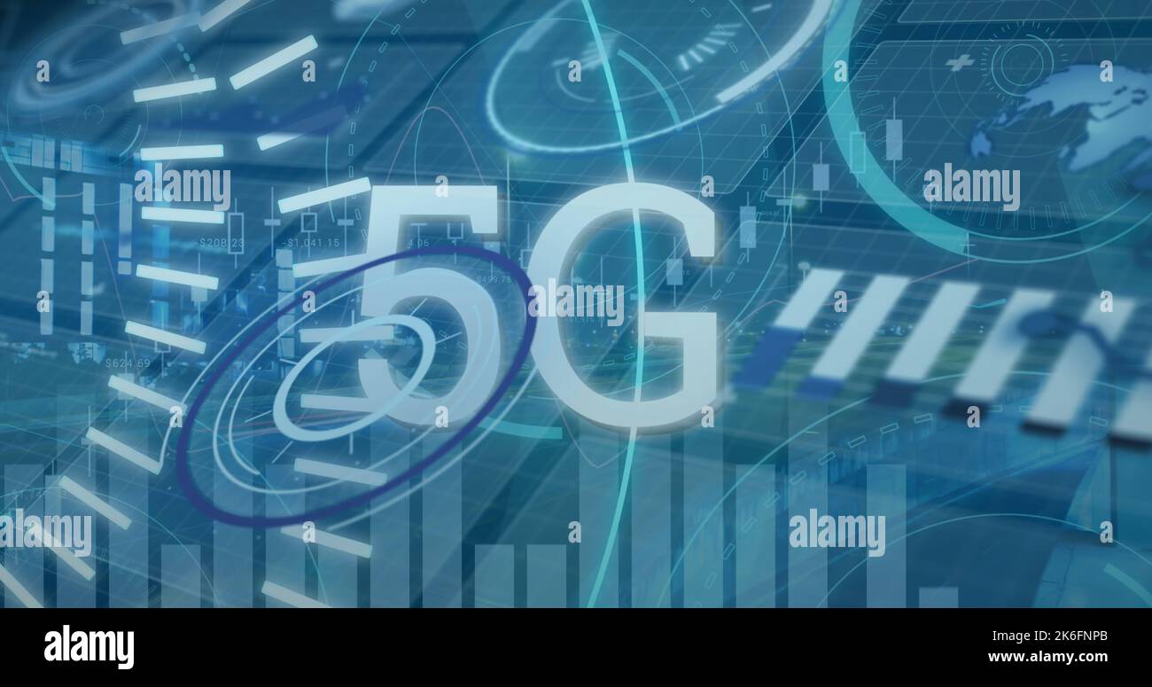 Image of 5g text over digital interface with data processing against night city traffic Stock ...