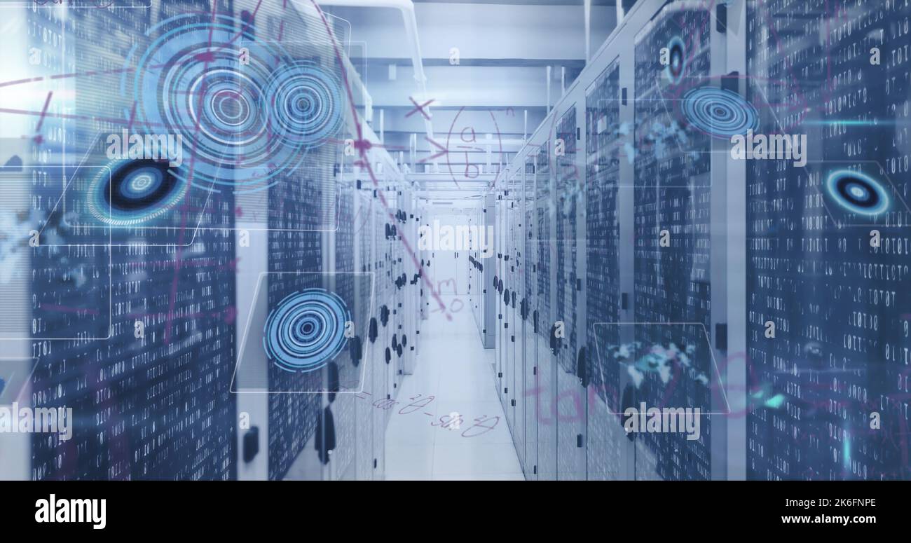 Image of mathematical equations and data processing against computer ...