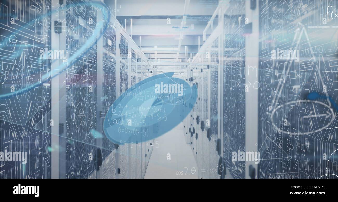 Image of mathematical equations and data processing against computer ...