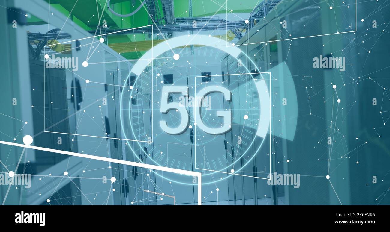 Image of scope scanning with 5g text and data processing over server room Stock Photo - Alamy