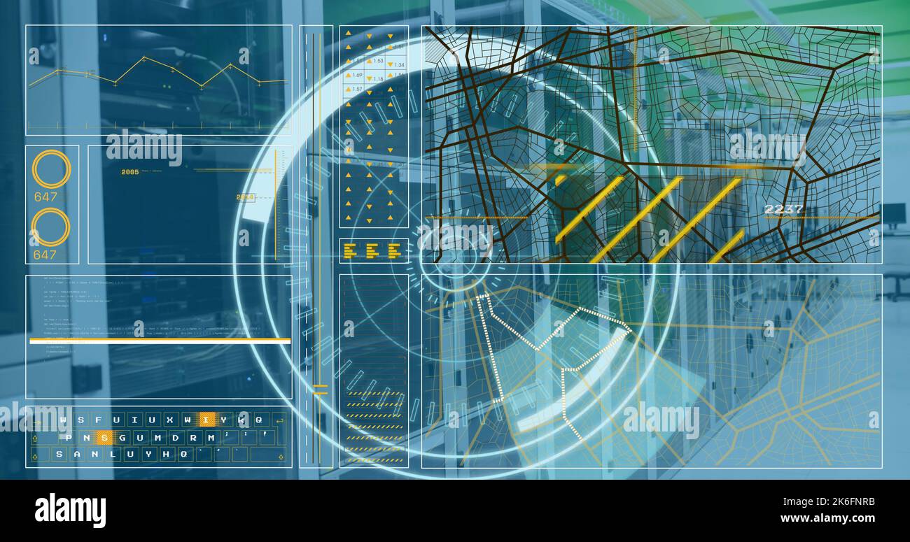 Image of scope scanning with 5g text and data processing over server room Stock Photo - Alamy