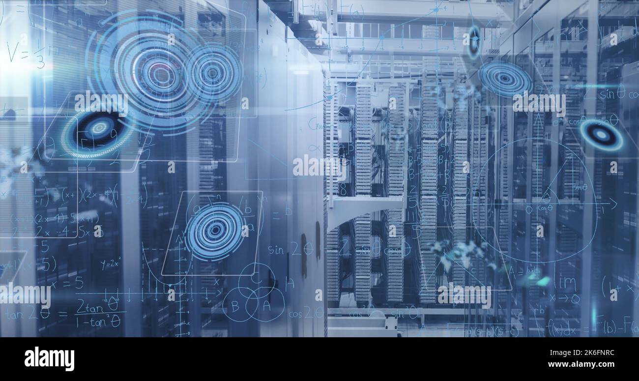 Image of mathematical equations and data processing against computer ...