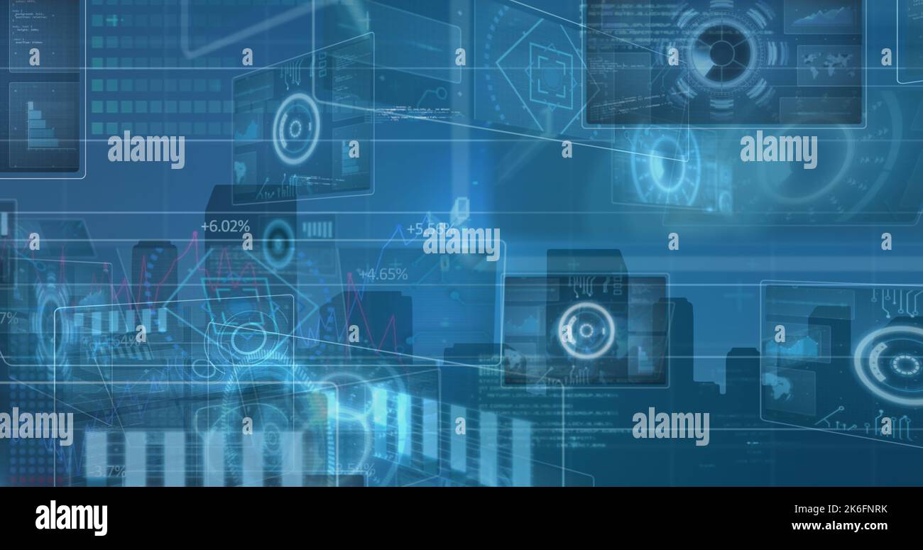 Image of digital interface and data processing on screens over blue ...