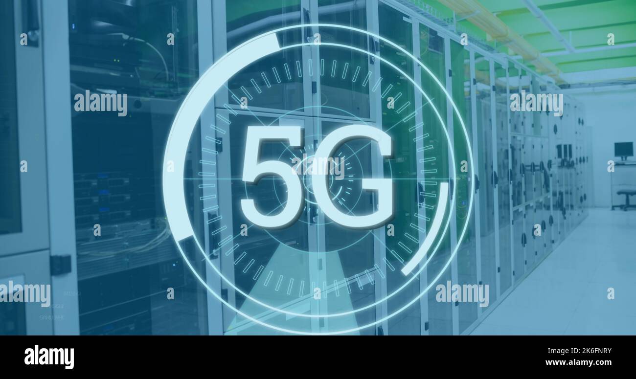 Image of scope scanning with 5g text and data processing over server room Stock Photo - Alamy
