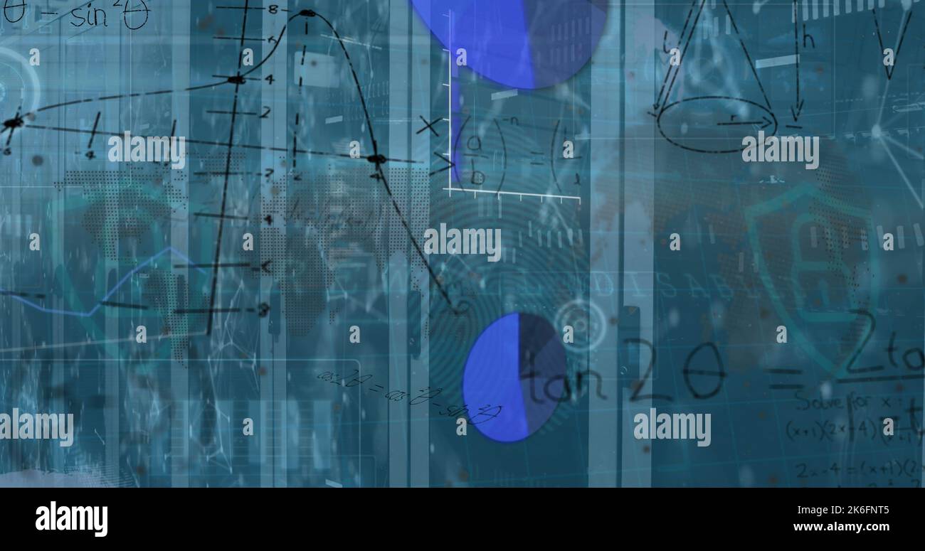 Image of mathematical equations and data processing over server room ...