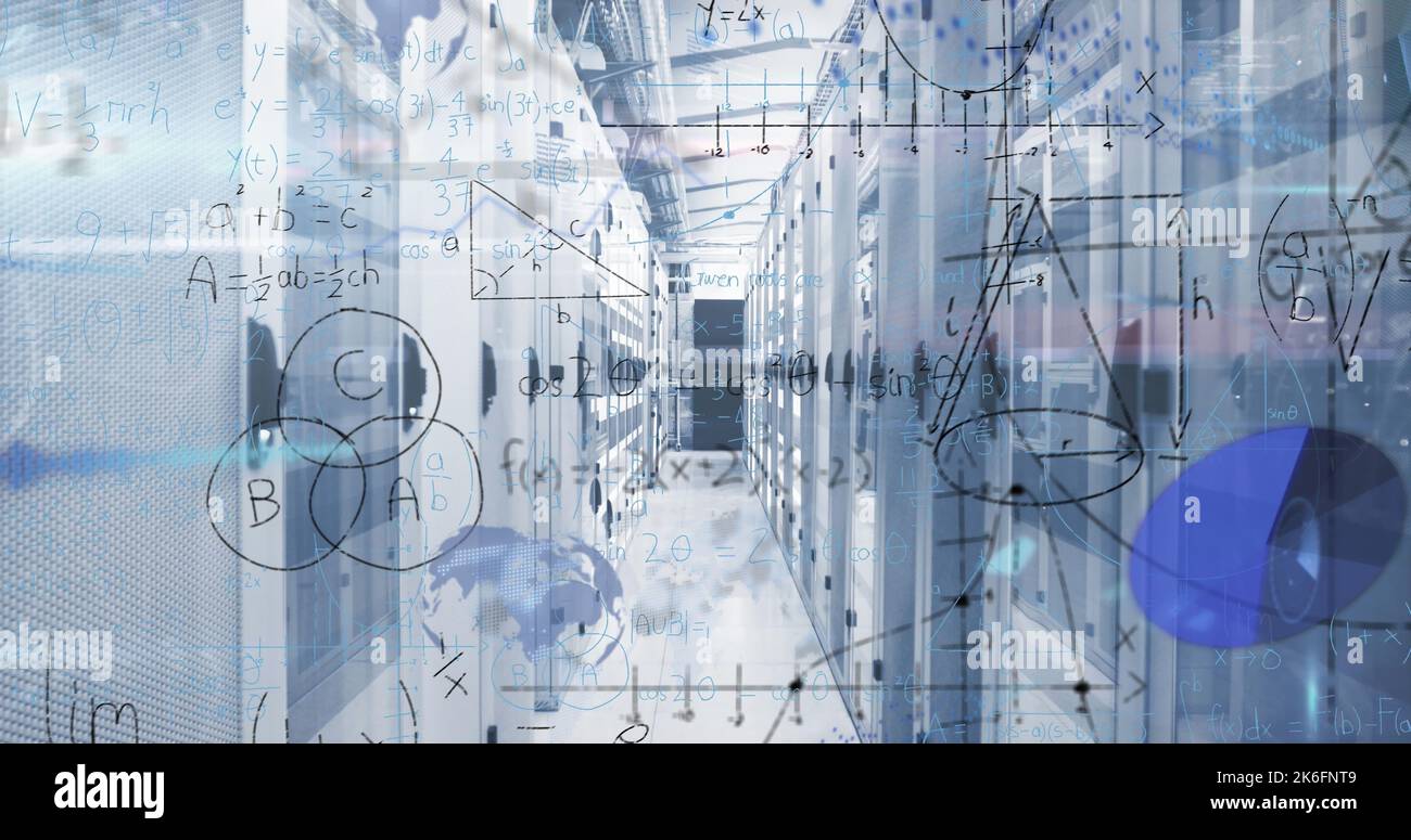 Image of mathematical equations and data processing over server room ...