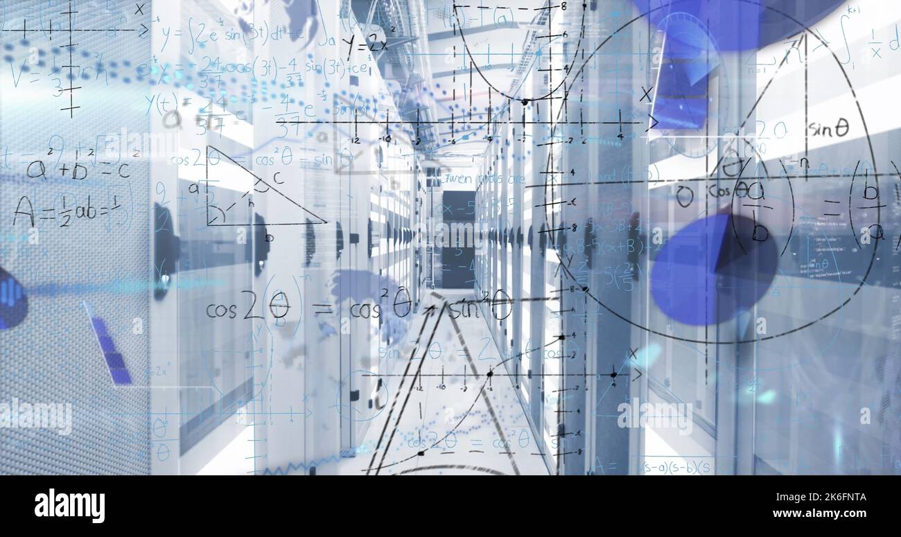 Image of mathematical equations and data processing over server room ...