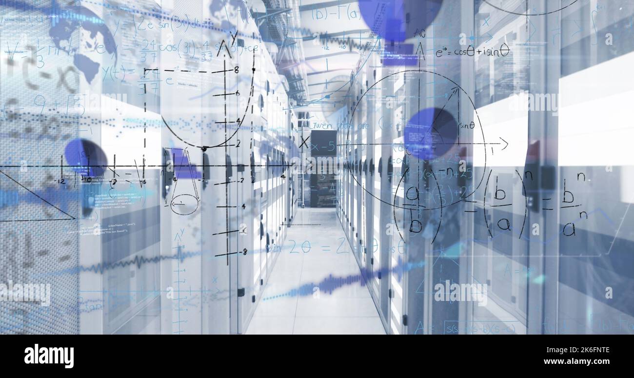Image of mathematical equations and data processing over server room Stock Photo - Alamy
