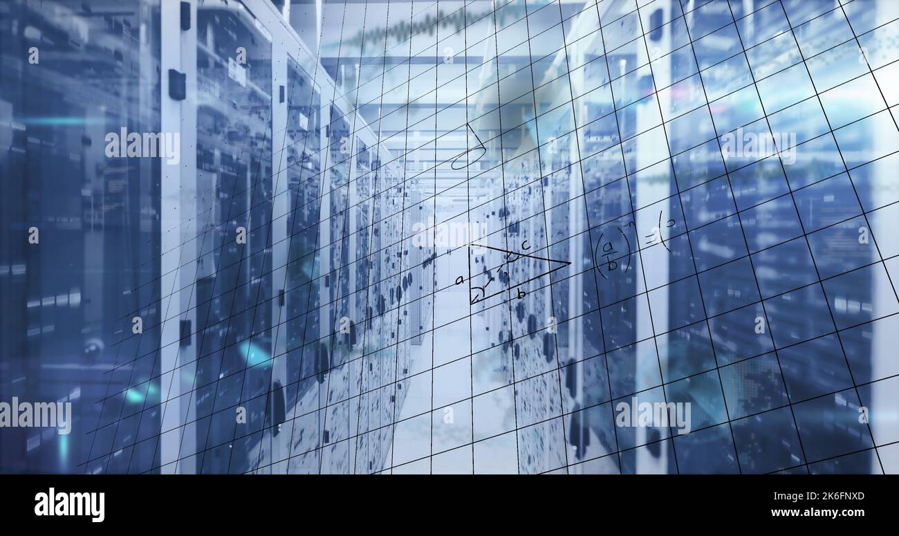 Image of mathematical equations and data processing over server room Stock Photo - Alamy