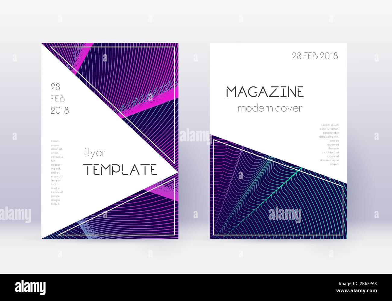 Triangle cover design template set. Neon abstract lines on dark blue ...