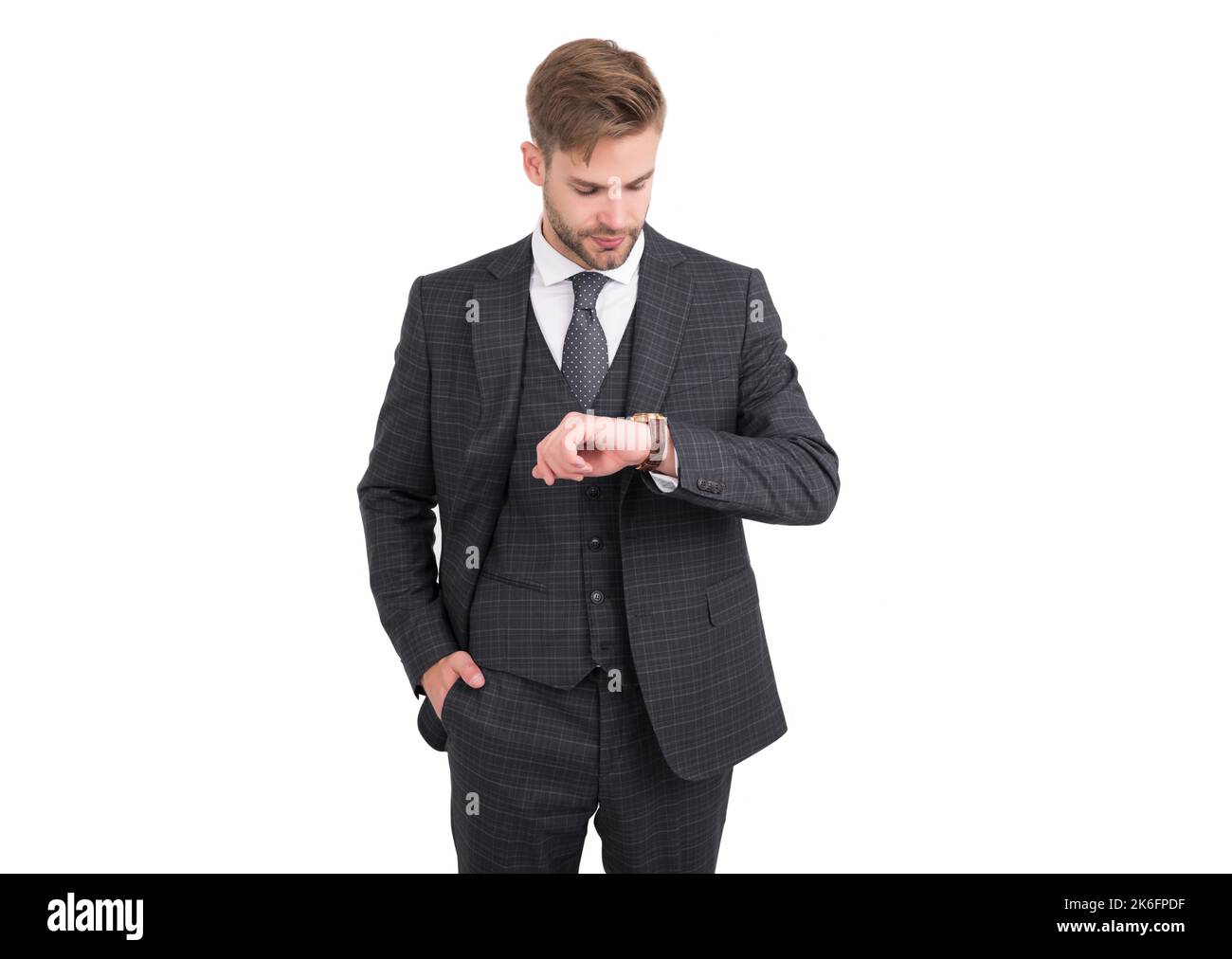 Whats the time. Business manager check watch isolated on white. Time ...