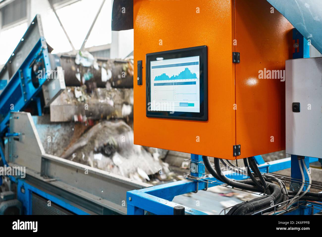 Control panel of production line in recycling plant workshop Stock ...