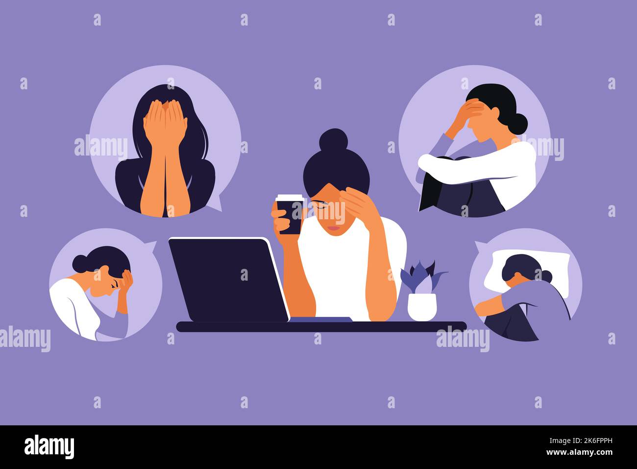 Woman in depression with bewildered thoughts in her mind. Young sad ...