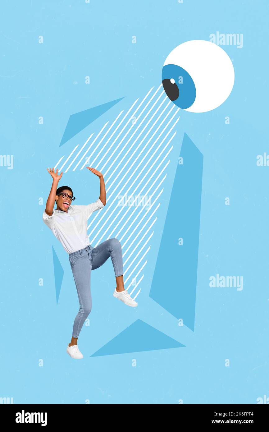 Vertical collage image of terrified person protect huge watching spying ...