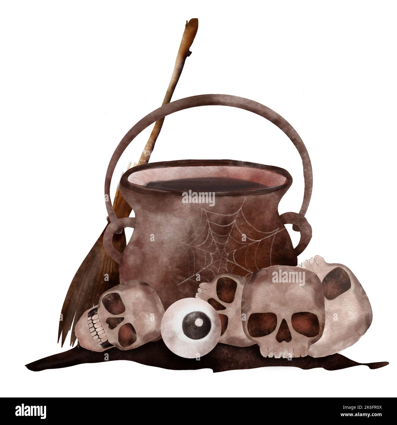 A witch's cauldron, skulls, an eye, a broom. Watercolor illustration ...