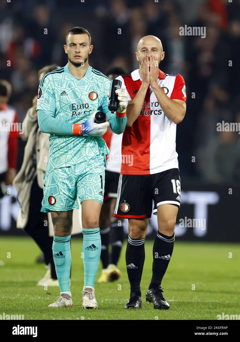 ROTTERDAM - (lr) Feyenoord goalkeeper Justin Bijlow, Gernot Trauner of Feyenoord disappointed ...