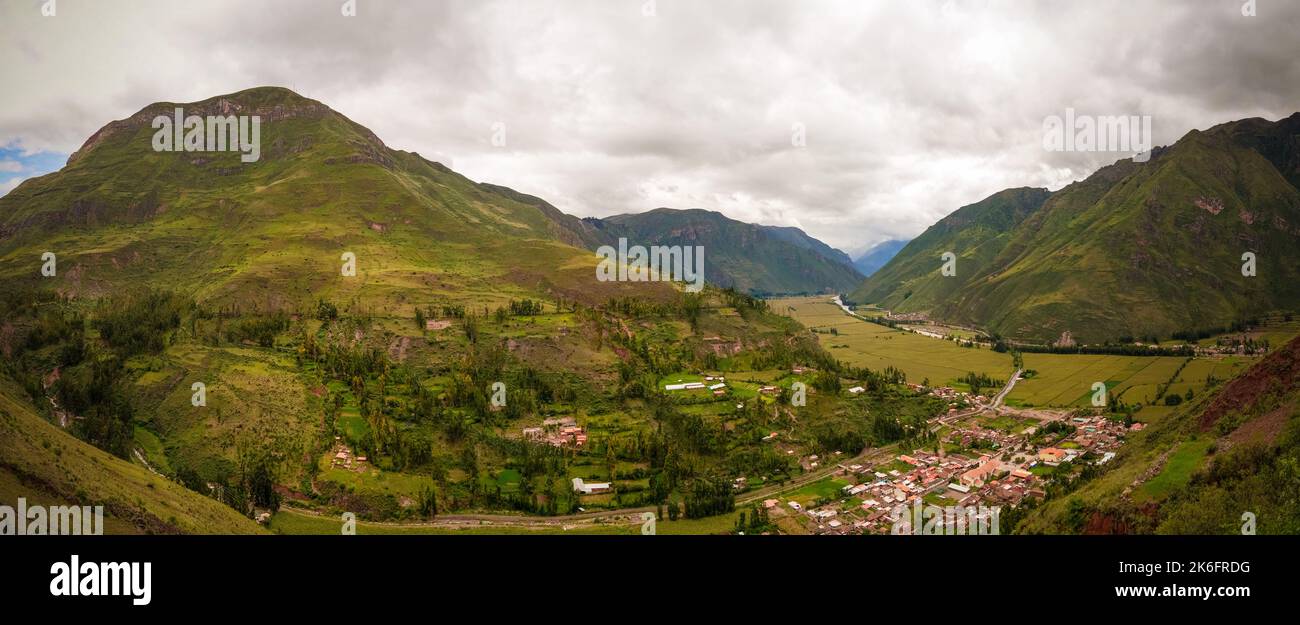 Aerial Landscape panoramic view to Urubamba river and sacred valley ...