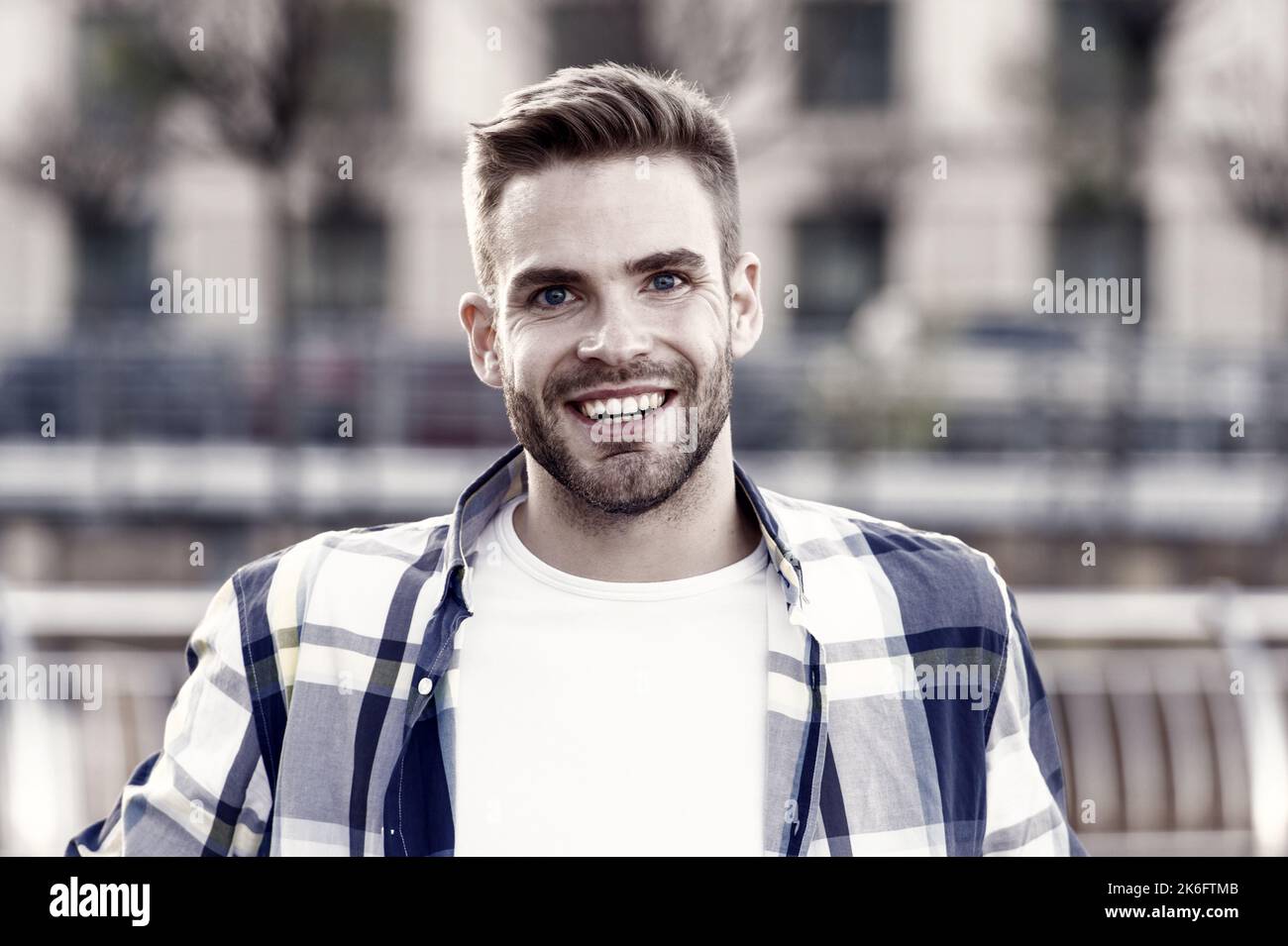 Just happy. Handsome male portrait. Facial hair and skin care concept ...