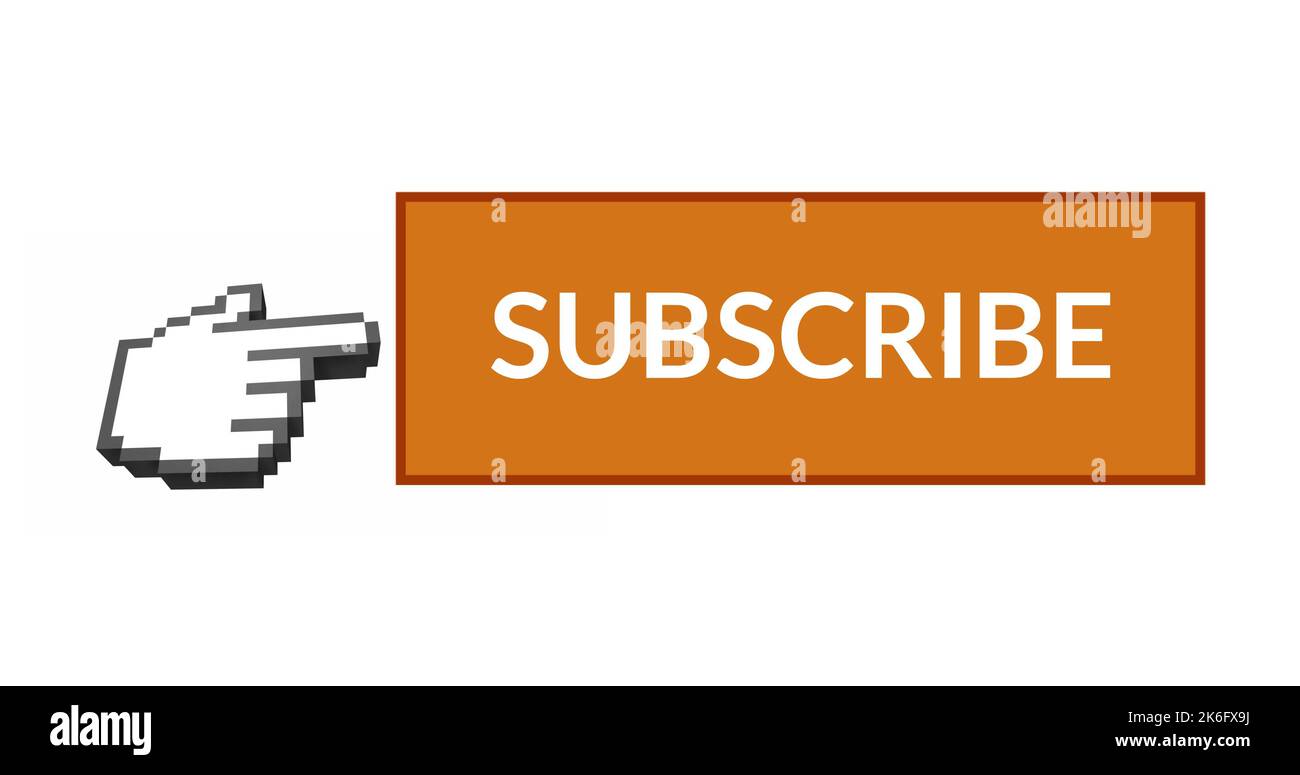 Illustration of finger pointing at subscribe text in orange box against ...