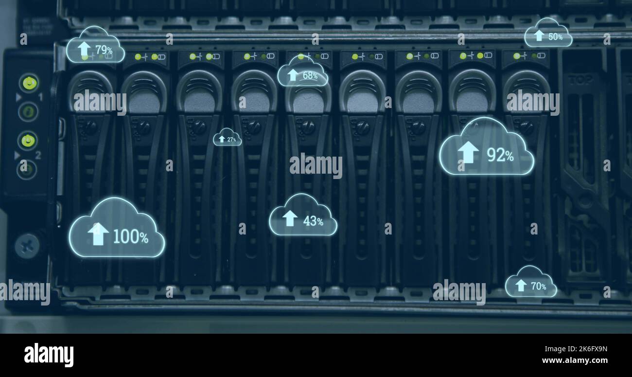 Composite of arrows with numbers and percentage in clouds over back ...