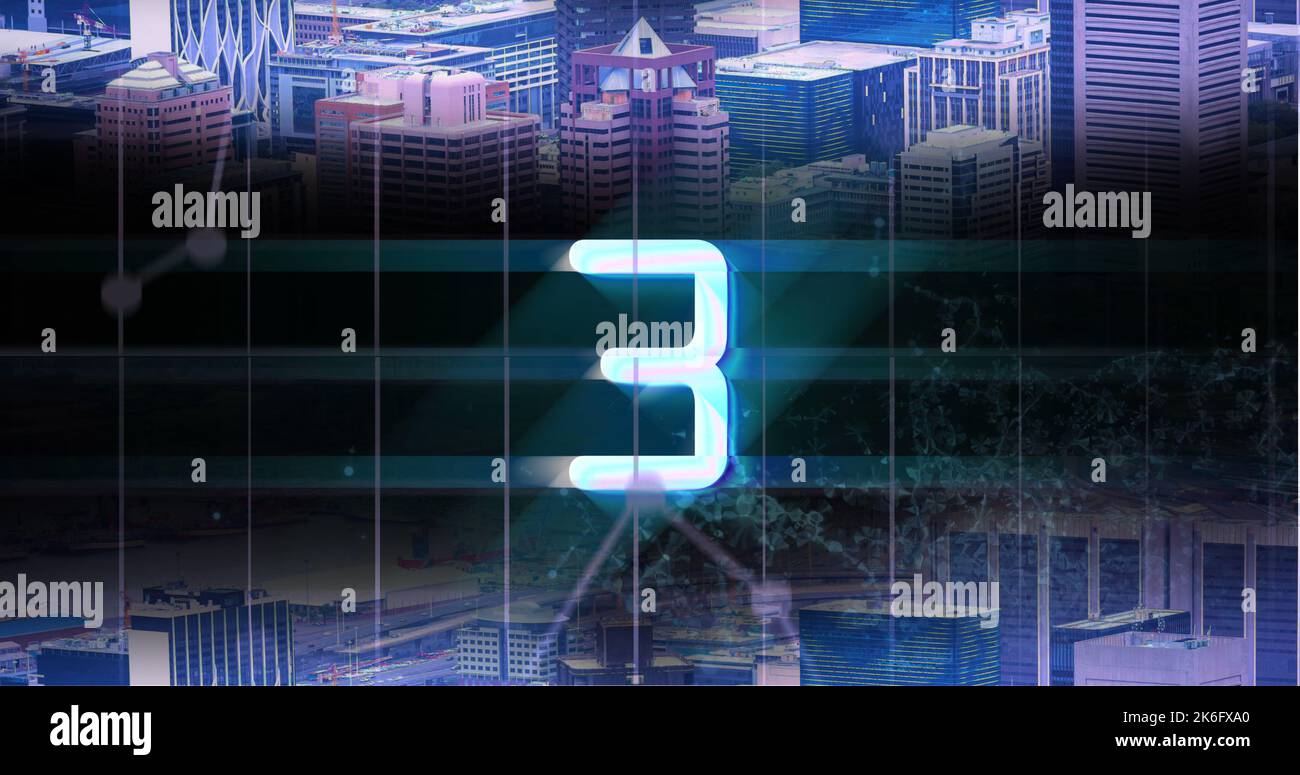 Composite of illuminated 3 number with grid pattern forming map against ...