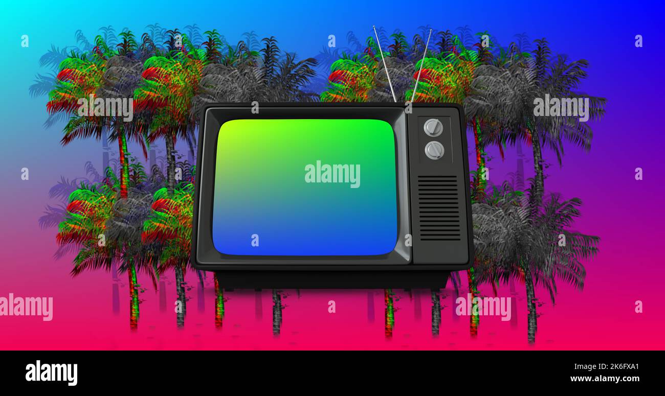 Illustration of television set over blurred palm trees against gradient ...