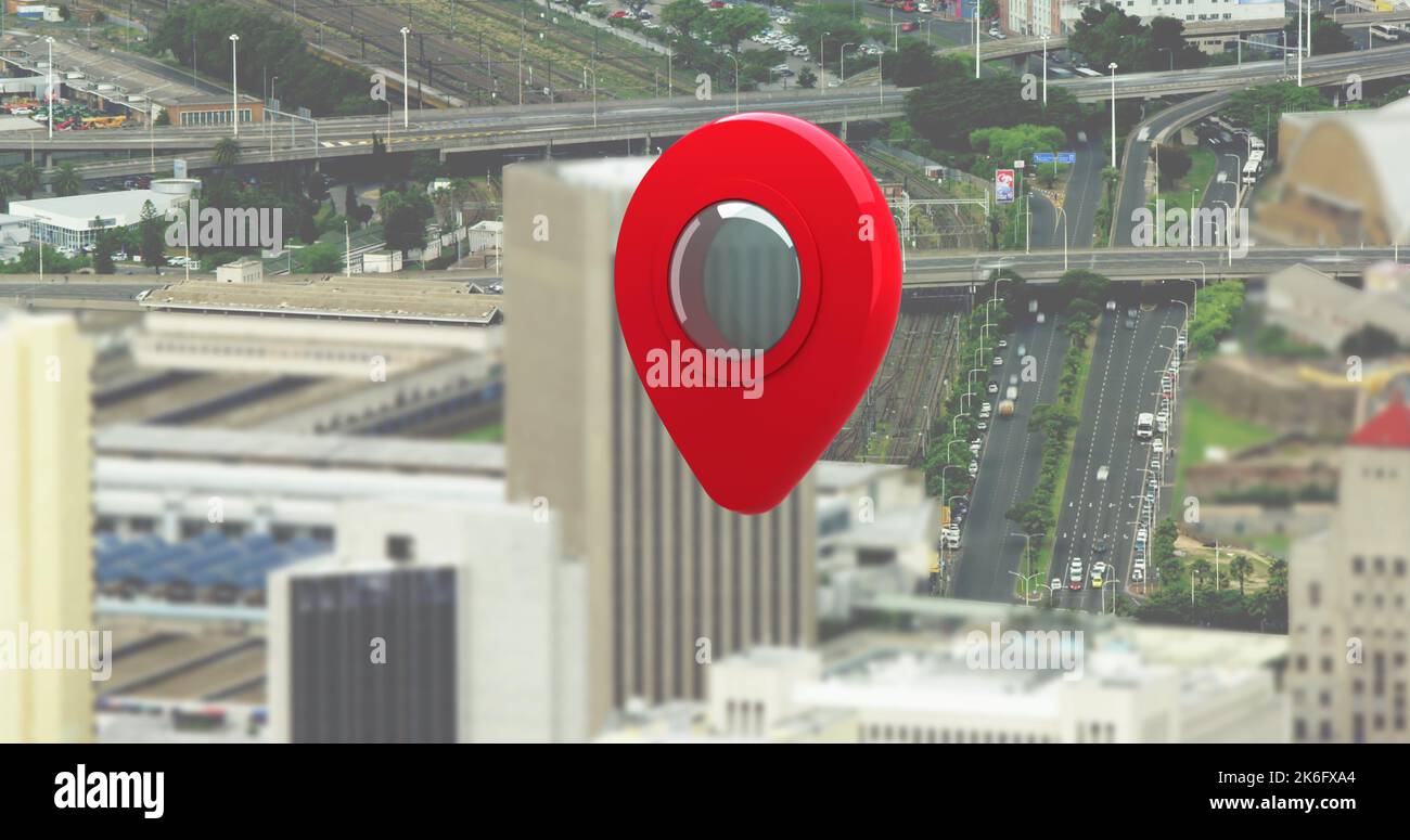 Composite of red gps pointer over tilt shift cityscape with bridges and ...