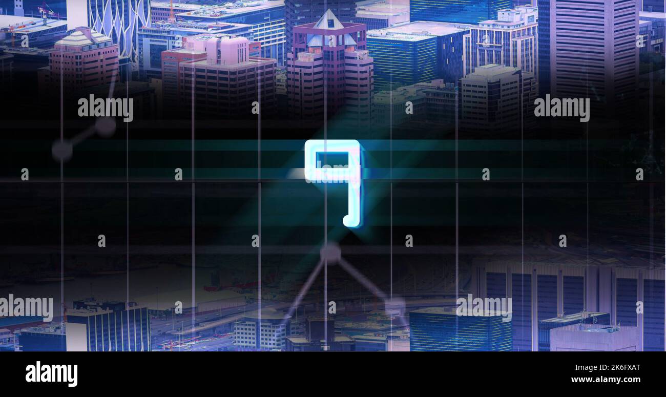 Composite of illuminated 9 number with grid pattern and connected dots ...