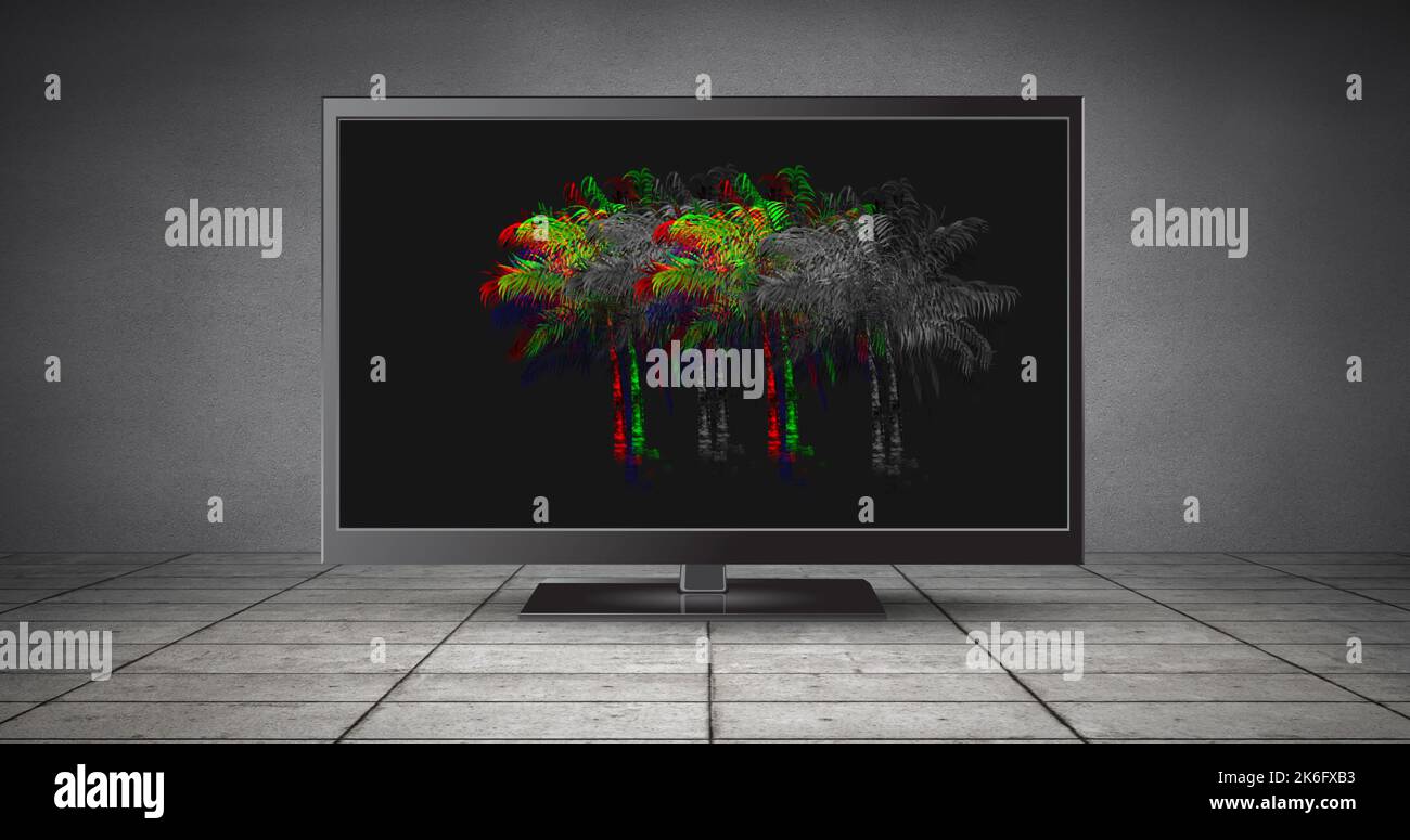 Illustration of television screen with blurred palm trees against gray ...