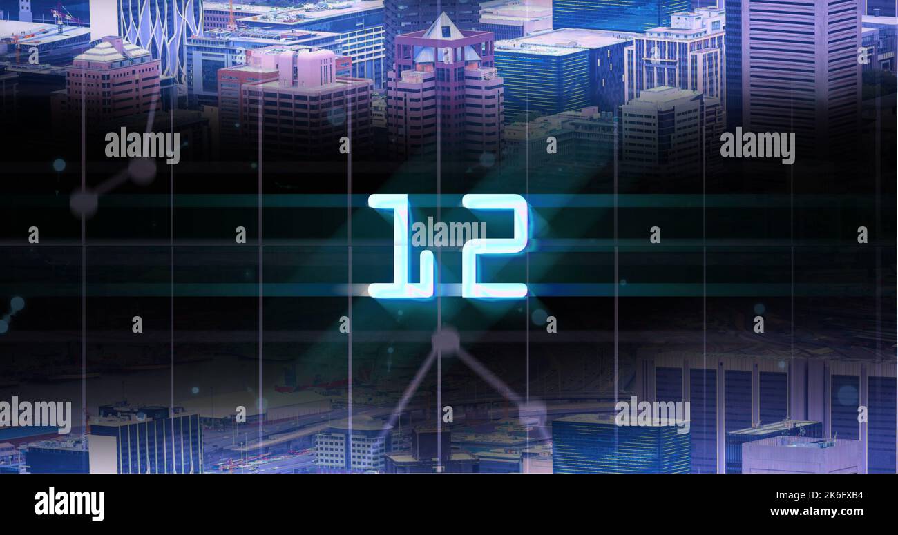 Composite of illuminated 12 numbers with grid pattern and connected ...