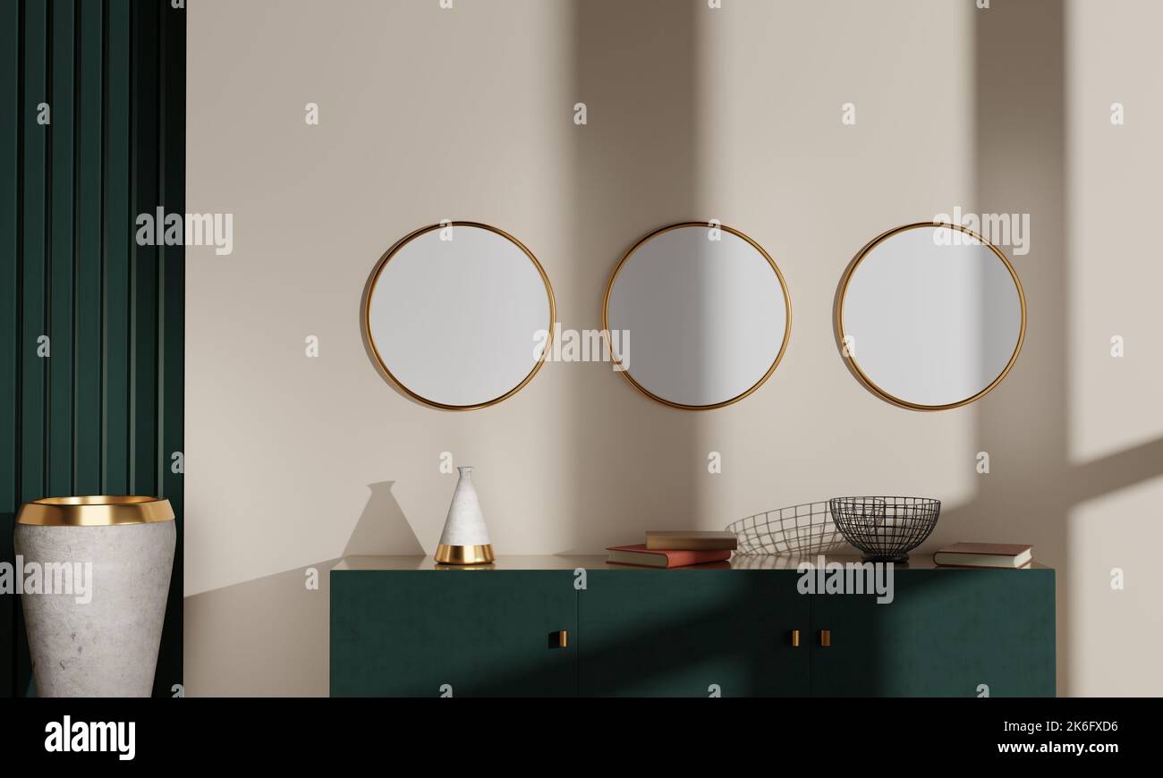 Mockup of three round paintings, a poster with a gold frame on a wall ...