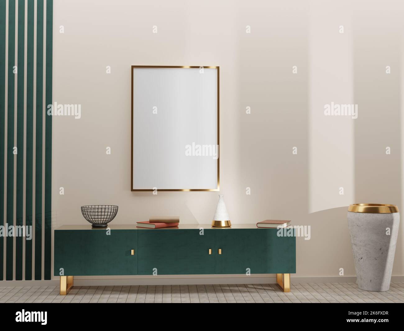 Mockup of a rectangular poster with a gold frame on a wall in an ...
