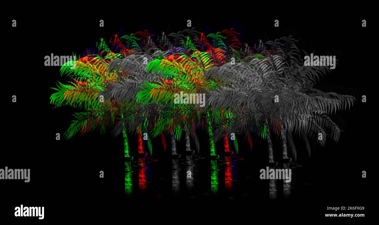 Illustration of multicolored distorted palm trees against black ...