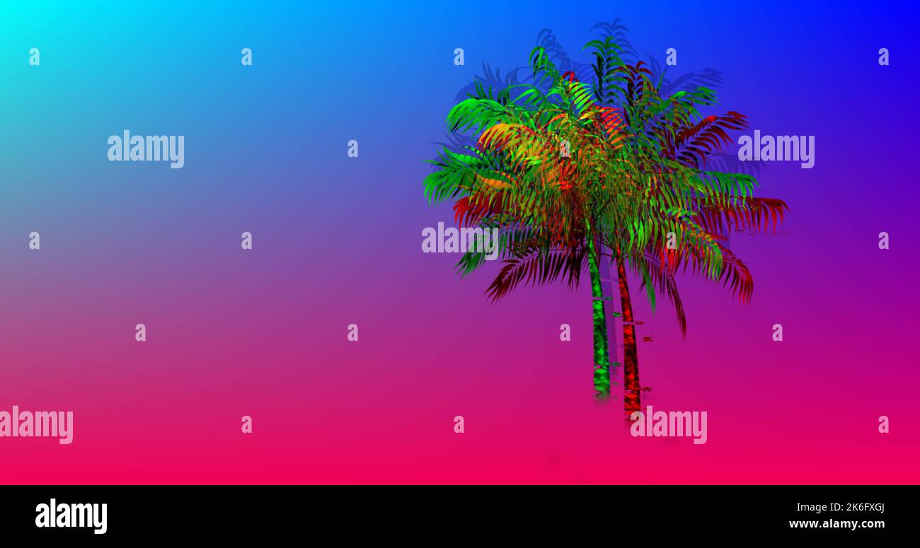 Illustration of distorted palm trees against gradient background, copy ...