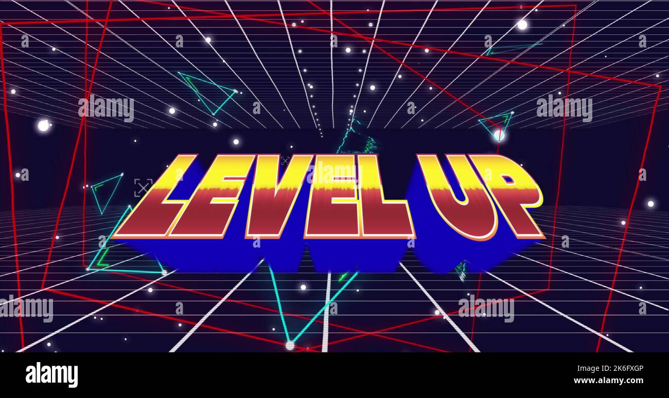 Illustration of level up text with geometric shapes and grid pattern ...