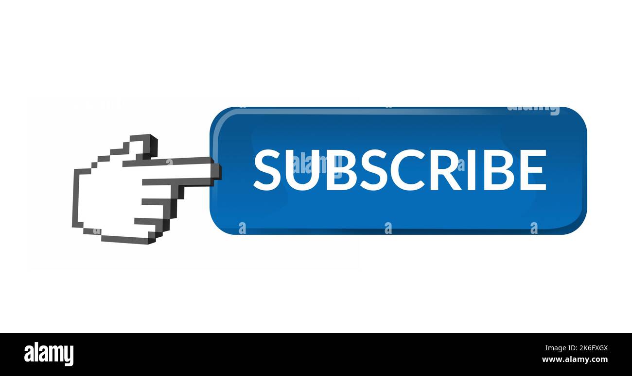 Illustration of finger pointing at subscribe text in blue box against ...